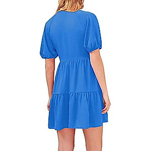 Dokotoo Womens 2023 Boho Spring Summer Dresses Flowy Casual V Neck Puff Short Sleeve Aline Short Mini Sun Dress Blue Medium