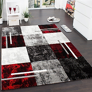 Paco Home Designer Rug Modern with Contour Cut Chequered in Silver Black Red, Size: 5'3" x 7'7"