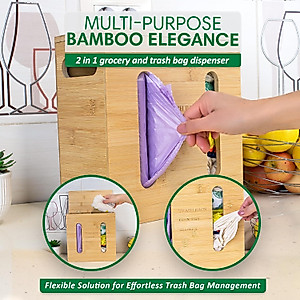 Trash Bag Dispenser Roll Holder 13 Gallon, Trash Bag Holder for Kitchen, Garbage Bag Storage Dispenser, Trash Bag Organizer Under Sink, Wall Mount Bamboo Garbage Bag Organizer (2 in 1)