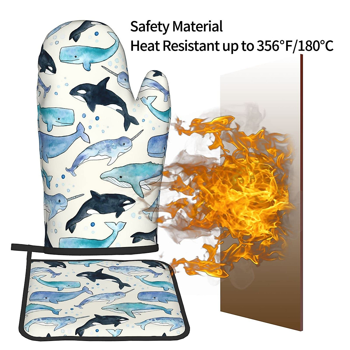 Cute Whale Oven Mitts and Pot Holders Sets of 2, Non-Slip Cooking Hot Pads Washable Heat Resistant for Kitchen Microwave BBQ Baking Grilling
