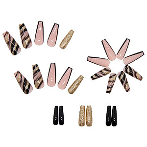 YOSOMK French Tip Press on Nails Long with Designs Black and Gold False Fake Nails Press On Coffin Artificial Nails for Women Stick on Nails With Glue on Static nails