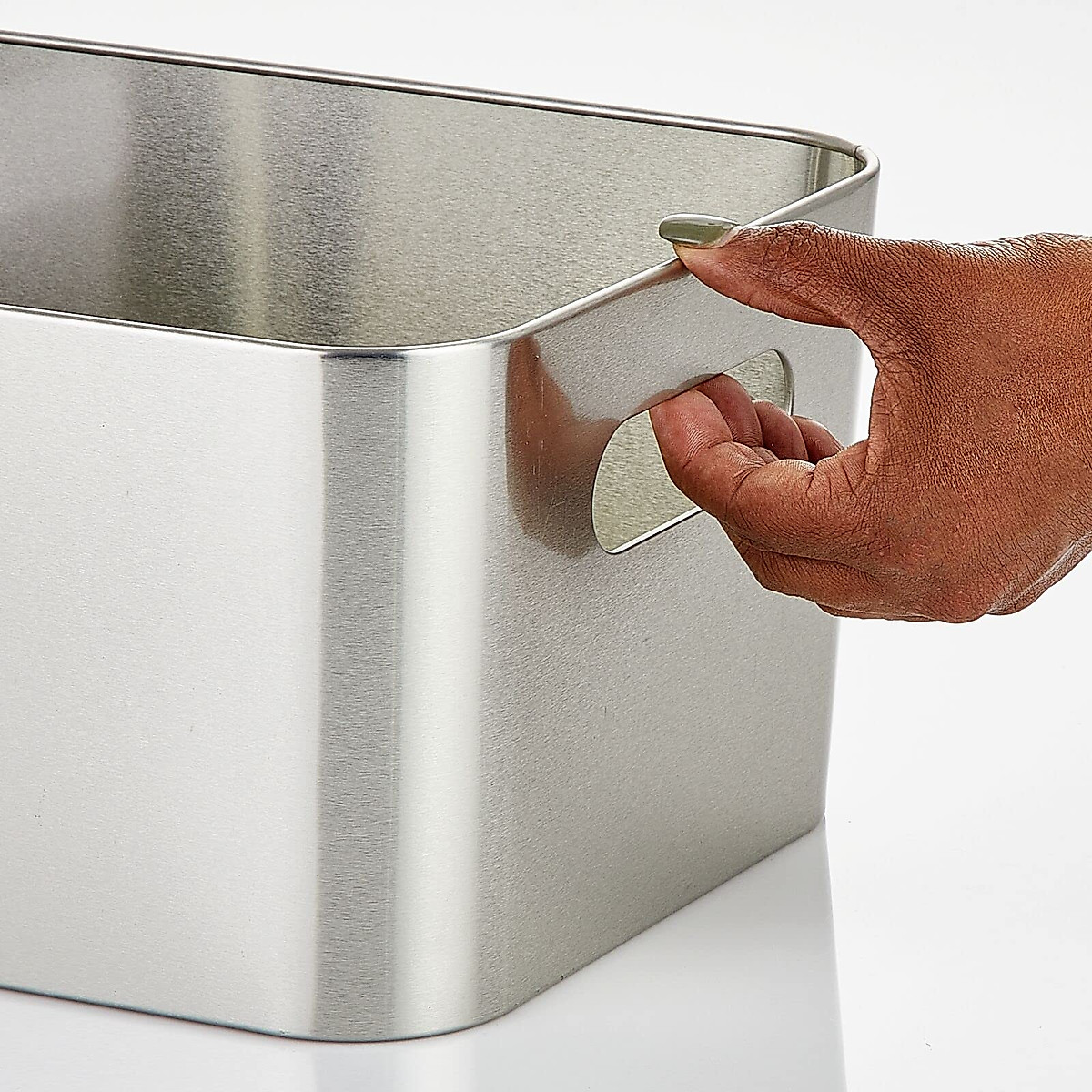 mDesign Steel Metal Storage Container Bin Basket, Handle - Kitchen Pantry, Cabinet, Fridge, Drawers, Freezer Organization - Food/Snack Holder Crates, 9" Wide, Mirri Collection, 2 Pack, Brushed Chrome