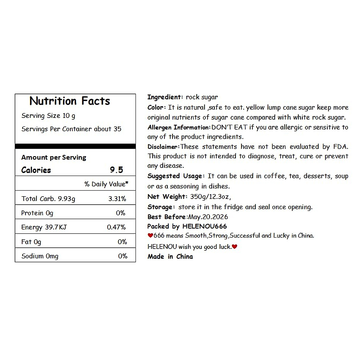 HELENOU666 Rock Sugar, Pure Raw Cane Yellow Lump Crystal Candy for Tea and Coffee