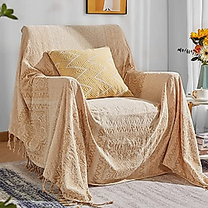 amorus Bohemian Throw Blanket, Chenille Jacquard Tassels Soft Chair Cover for Bed Couch, Decorative Sofa Chair Throws - Colorful Tribal Pattern (Beige, 60 x 75 Inches)