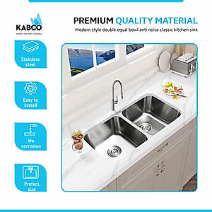 KABCO 32 Inch Swirl Finish Stainless Steel Classic Kitchen Sink, Sound and Heat Proof Double Equal Bowl Undermount Sink with Kitchen Sink Strainers, Removable Garbage Baskets and Sink Grids