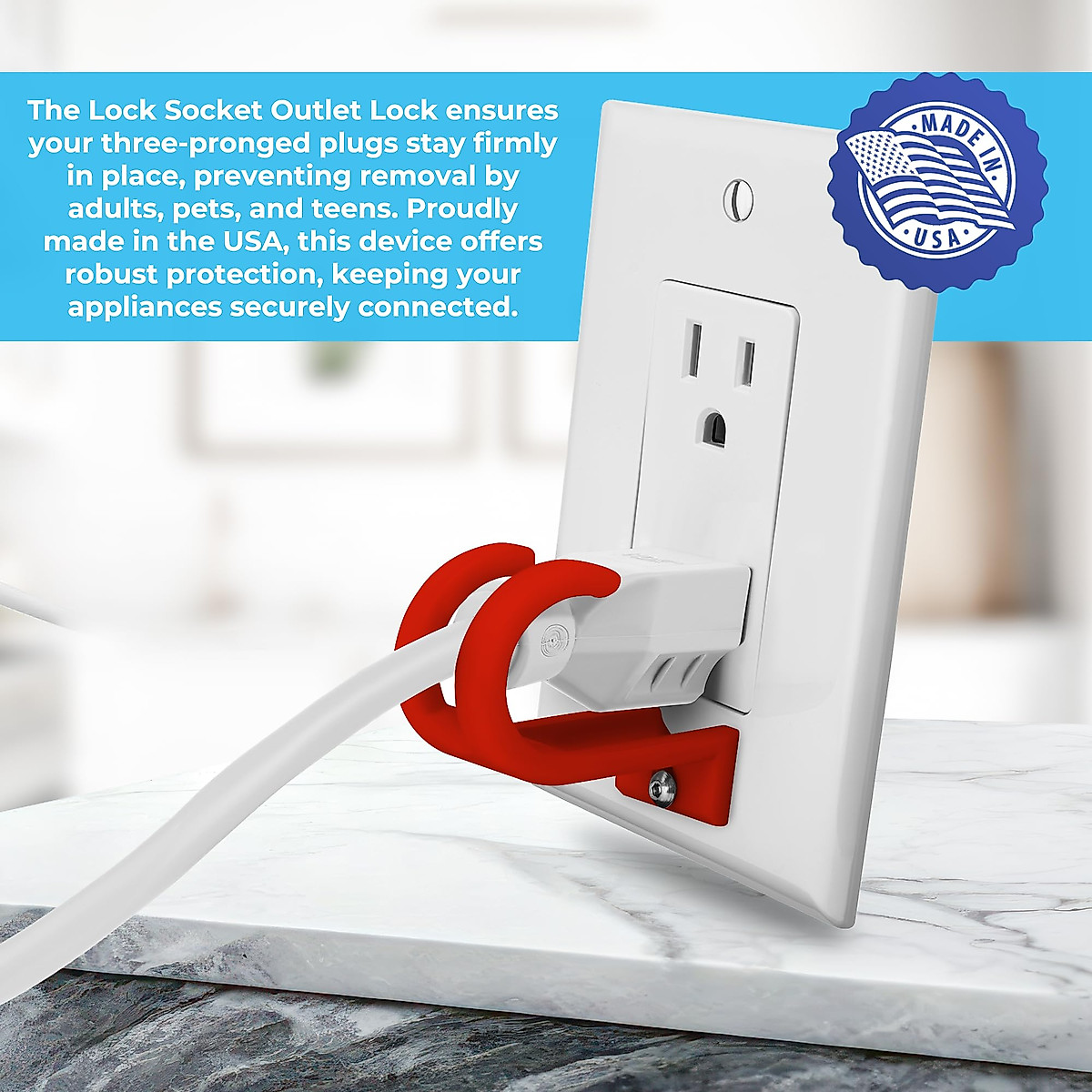 Lock Socket Outlet Lock - Anti Theft Outlet Lock to Secure Three Pronged Plugs, Innovative Way to Prevent Unplugging, Secure Locks for Cords, Includes Security Screw & Allen Wrench - Red