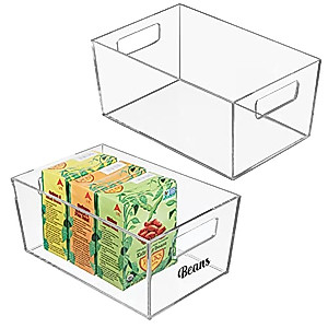 mDesign Small Plastic Kitchen Storage Container Bin, Handles for Organization in Pantry, Cabinet, Refrigerator, Freezer - Hold Food, Drink, Snacks, Prism Collection, Includes 2 Bins, 32 Labels, Clear