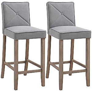 HOMCOM Modern Bar Stools Set of 2, Upholstered Bar Height Kitchen Stools with Build-in Footrest, Solid Wood Legs, Gray