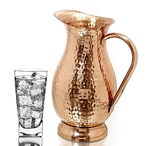 Copper Pitcher with a Lid | Large Size Solid Copper Handcrafted Copper Hammered Jug | Capacity 70 Oz/2000ml | Pure Copper Water Carafe For Home, Hotels & Gifting