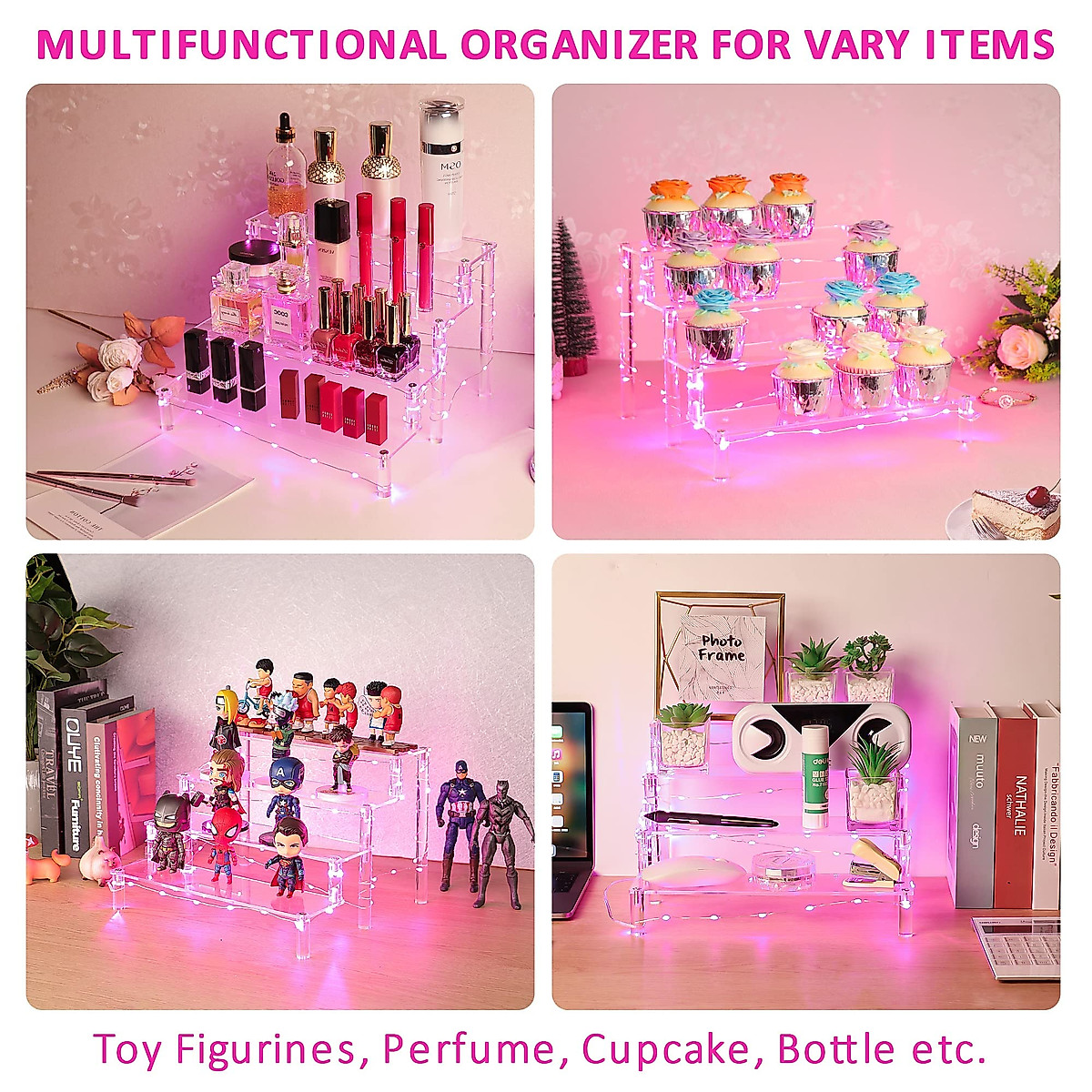 YestBuy 4 Tier Shelf Cake Pop Stand (Pink) +5 Tier Premium Cupcake Holder – Acrylic Cupcake Tower Display – Cady Bar Party Décor – Acrylic Display for Pastry Weddings, Birthday (Colorful)