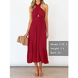 ZESICA Women's 2023 Summer Crossover Halter Neck Sleeveless Plaid Cut Out Backless Flowy A Line Maxi Dress,Red,Medium