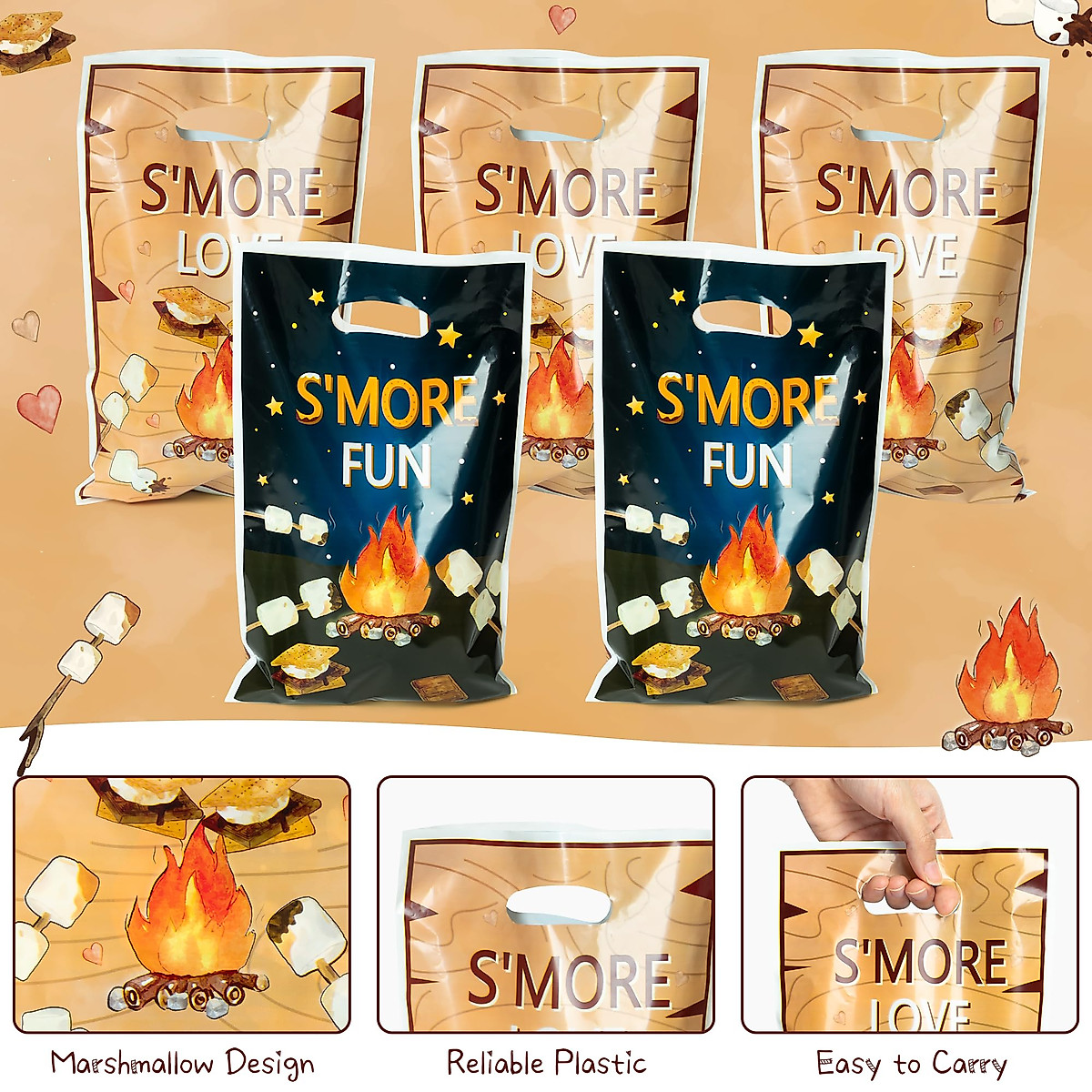 ArowlWesh S’more Camping Party Favor Bags - 50Pcs Plastic S’more Love Candy Treat Gift Bag with Handles Fun Snack Goodie Bags Campfire Camping Party S’more Birthday Supplies Baby Shower Wedding Decor