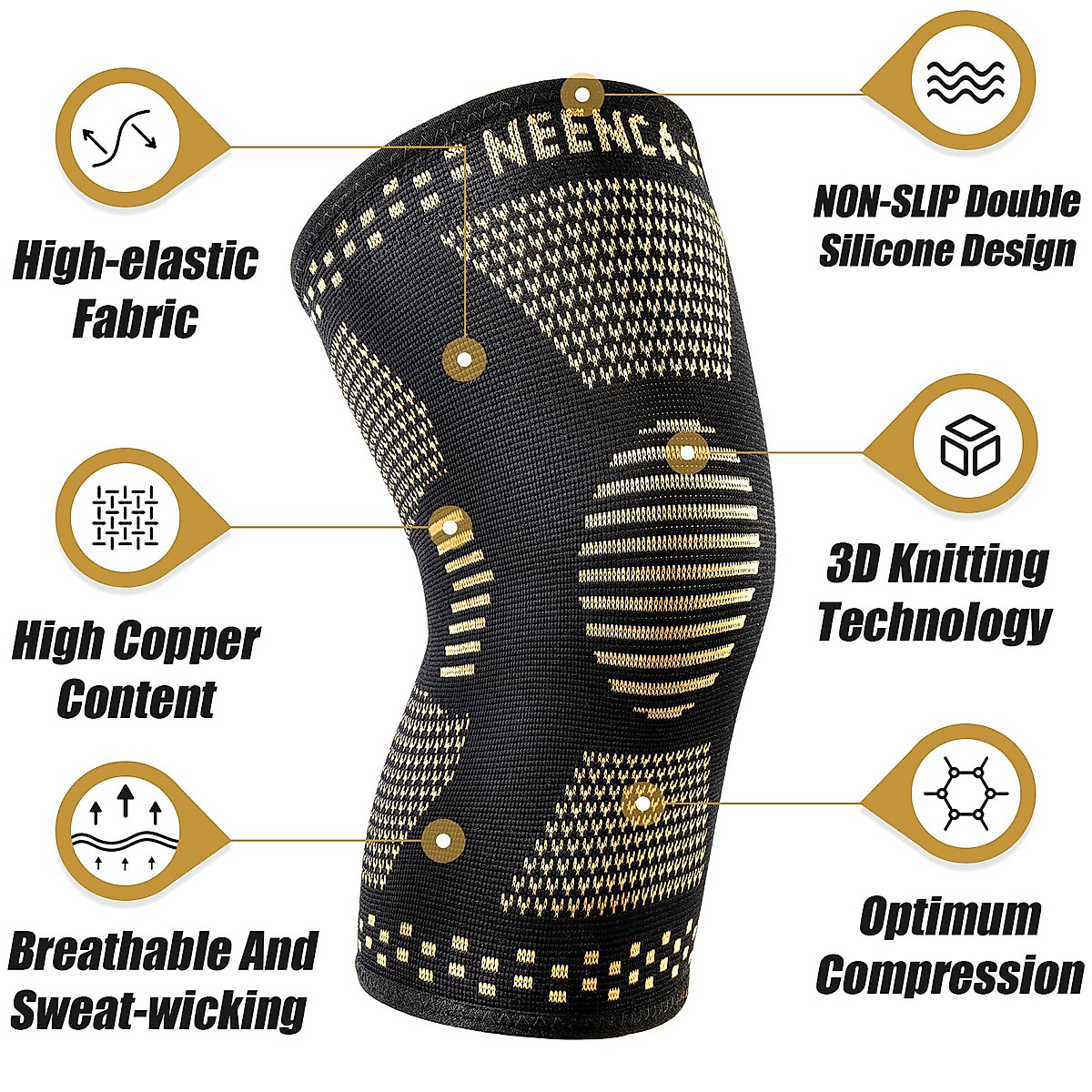 NEENCA Copper Knee Braces for Knee Pain Women & Men - 2 Pack Copper Knee Sleeves Set, Knee Compression Sleeve with Copper Ions Infused Fiber for Sports, Workout, Arthritis Pain, Meniscus Tear. ACE-52