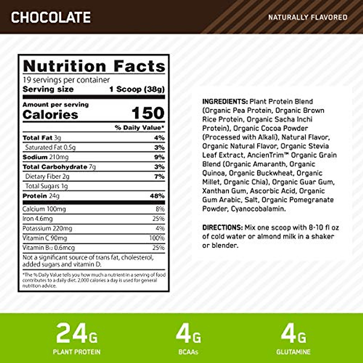 Optimum Nutrition Gold Standard 100% Plant Based Protein Powder, Vitamin C for Immune Support, Chocolate, 1.59 Pound