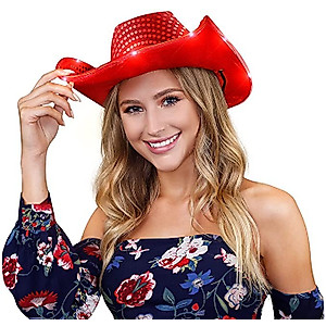 blinkee Sparkling LED Cowboy Hat with Red Sequins - Perfect for Rodeos and Festivals - 8 Radiant Red Lights