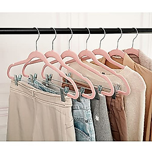 HOUÍSM Premium Velvet Pants Hangers, 16.7inch Slim Skirt Hangers with Adjustable Clips - Heavy-Duty, Non-Slip, Ultra Thin, Space Saving Flocked Hangers for Coat, Suits, Dress & Shirt (Cloud Pink)