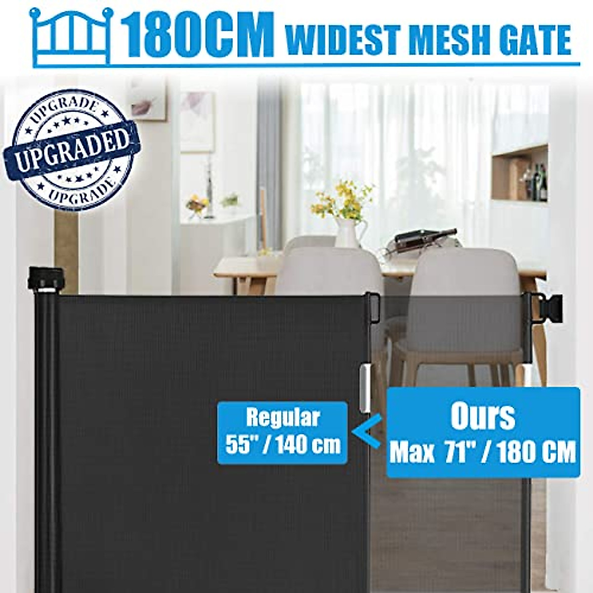 Double Elite Retractable Stair Gate 71 inch Widest Baby Safety Gate, 34” Tall, One Hand Operated Baby Gate with Spacers/Upgraded Parts, Indoor/Outdoor Stair Gate for Baby/Pet Dog/Stairway, Black