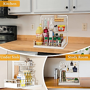 Ozzptuu Under Sink Organizers and Storage, Organizer Kitchen Bathroom Storage with Sliding Drawer 2 Metal Baskets 4 Hooks for Home Kitchen, New White-1 (ASDF1881)
