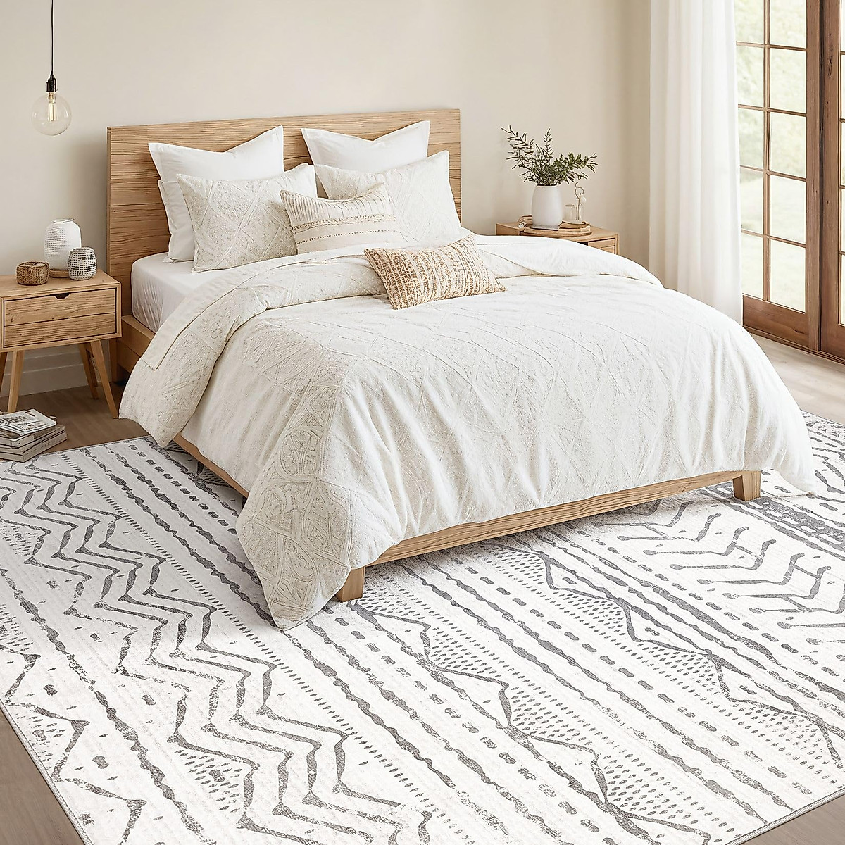 Area Rugs 8x10 Living Room: Washable Boho Large Neutral Soft Farmhouse Rug Stain Resistant Modern Geometric Non Slip Indoor Floor Carpet for Bedroom Nursery Kids Playroom Office- Gray White