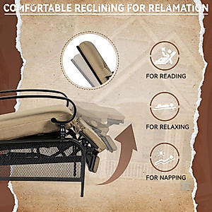 SOLAURA Outdoor Recliner Adjustable Backrest Lounge Chair with Black Metal Frame & Removable Cushions for Porch, Backyard, Pool or Garden (Beige)