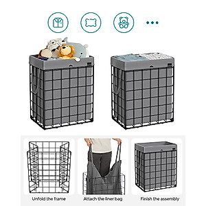 SONGMICS Laundry Hamper, 23.8 Gal. (90L) Laundry Basket, Collapsible Clothes Hamper, Removable and Washable Liner, Metal Wire Frame, for Bedroom Bathroom, Black and Gray ULCB190G01