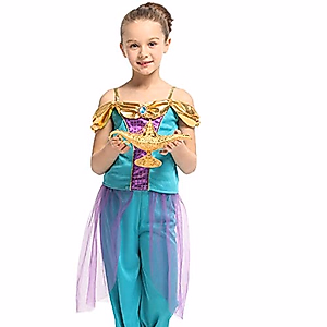 LAUYOO Classic Aladdin Magic Genie Lamp Legend Wishing Light Costume Lamp Metal Carved Arabian Props for Home Tabletop Decoration Party Birthday Halloween Christmas Size 7 x 20.7 x 11.3CM-Gold