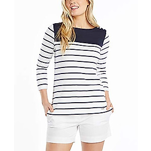 Nautica Women's Boatneck 3/4 Sleeve 100% Cotton Shirt, Indigo, Large