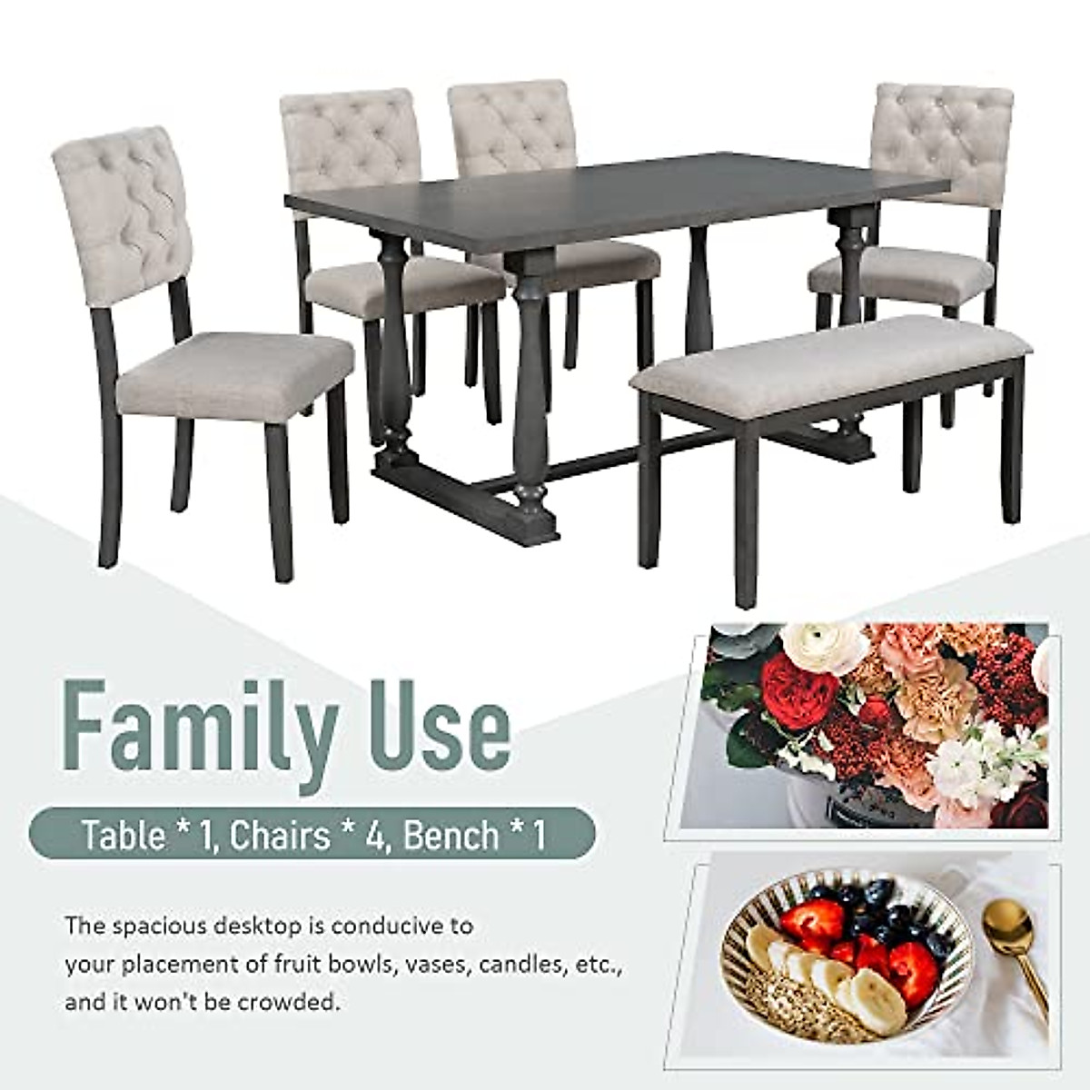 Merax 6 Piece Kitchen Dining Table Set, Wooden Rectangular Dining Table with Upholstered Bench and 4 Chairs, Dining Room Table Set for 6 People, Living Room Furniture (Gray, Cushions)