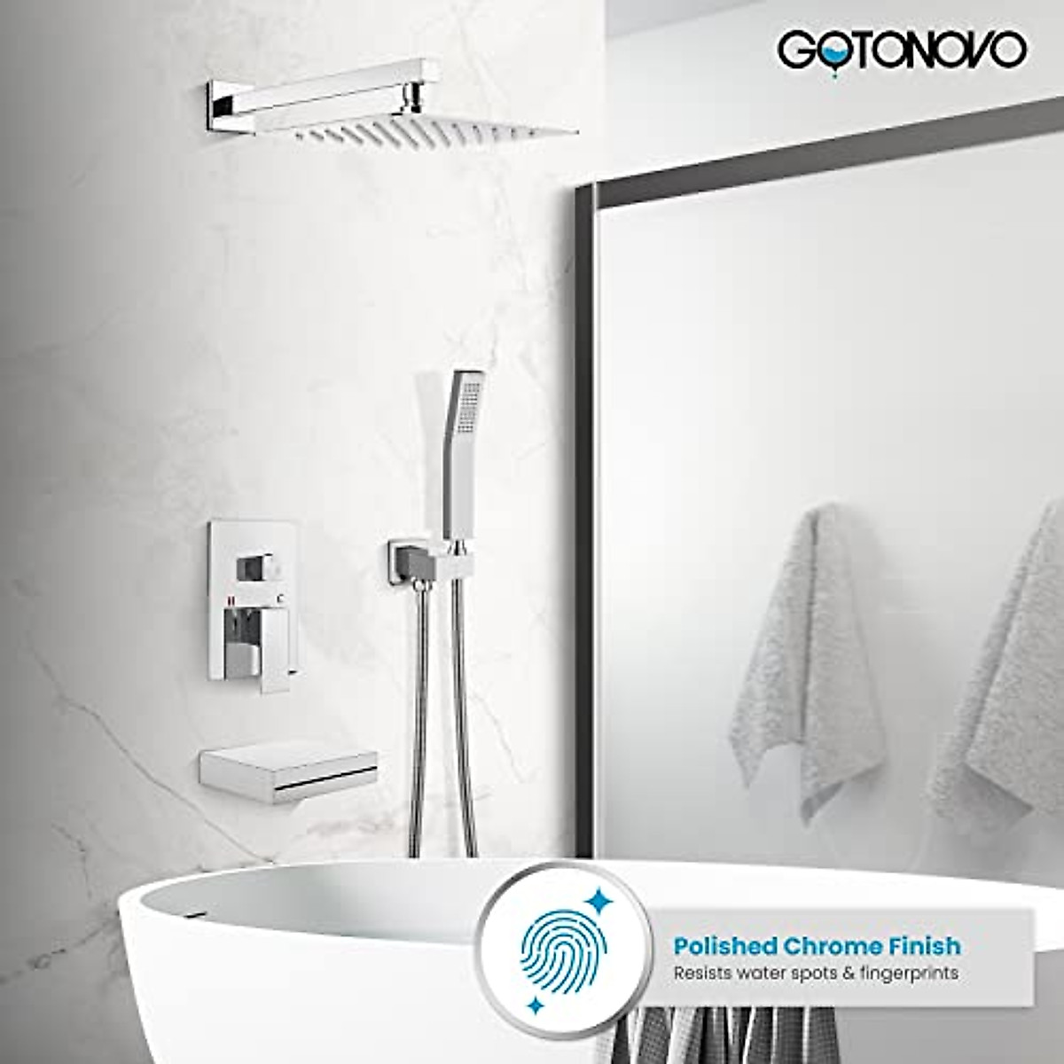 gotonovo Polish Chrome Rain Mixer Shower Faucet Set with Waterfall Tub Spout 10 inch Square Rainfall Shower Head with Handheld Spray Wall Mounted Rough-in Valve and Trim Included