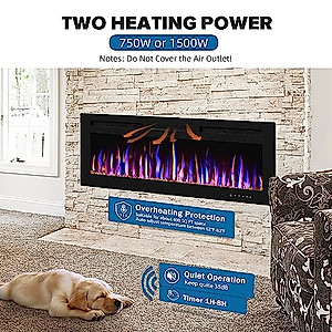 BETELNUT Electric Fireplace 50IN Wall Mounted and Recessed with Remote Control, 750/1500W Ultra-Thin Wall Fireplace Heater W/Timer Adjustable Flame Color and Brightness, Log Set & Crystal Options