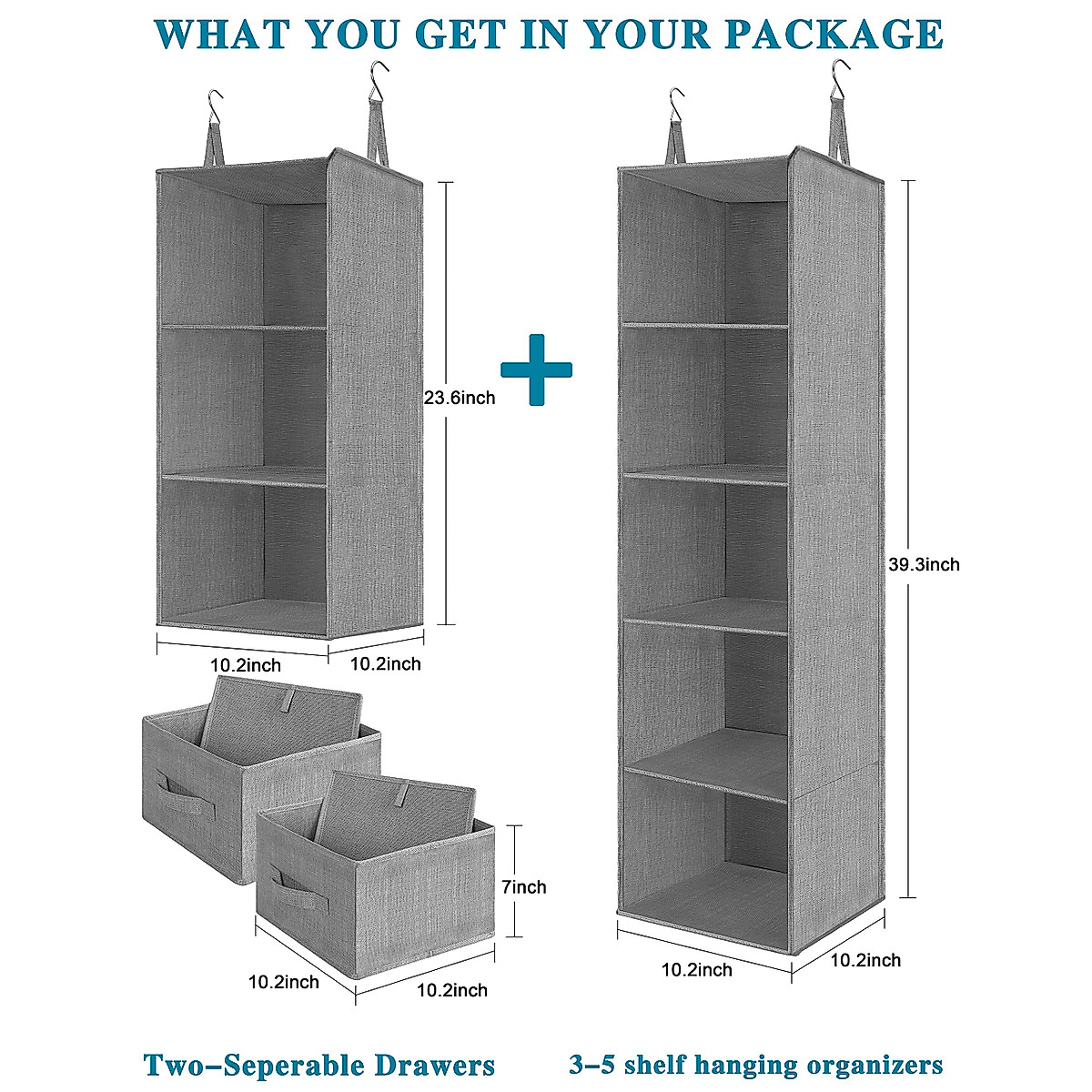 8-Shelf Hanging Closet Organizer with 2 Drawers, 3-Shelf and 5-Shelf Separable Closet Hanging Organizer,Fabric Cloth Hanging Shelf with 2 Sturdy Hooks for Home Clothes Toy Storage, Gray