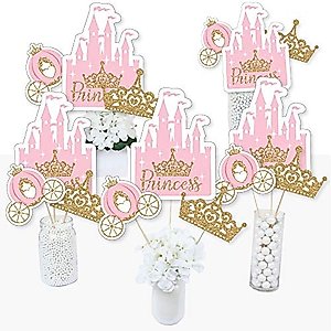 Big Dot of Happiness Little Princess Crown - Pink and Gold Princess Baby Shower or Birthday Party Centerpiece Sticks - Table Toppers - Set of 15