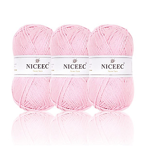 NICEEC 3 Skeins Soft Cotton Yarn 5ply Baby Cotton Yarn for Knitting Crochet Baby Weight Yarn Cotton Blend Yarn Total Length 3×220m(3×240 yds,100g×3)-Light Pink