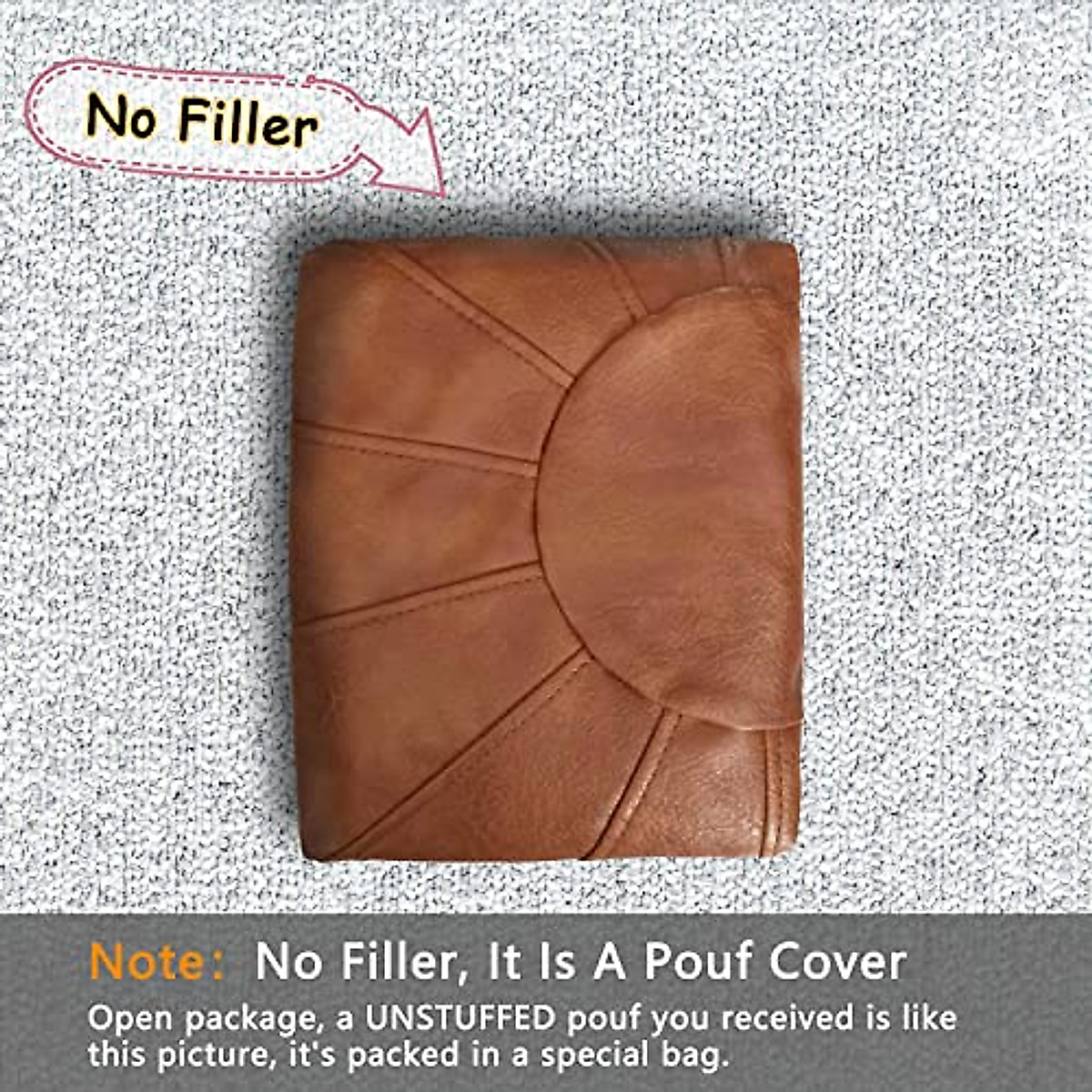 Thgonwid Unstuffed Handmade Moroccan Round Pouf Foot Stool Ottoman Seat Faux Leather Large Storage Bean Bag Floor Chair Foot Rest for Living Room, Bedroom or Wedding Gifts (Light Brown)