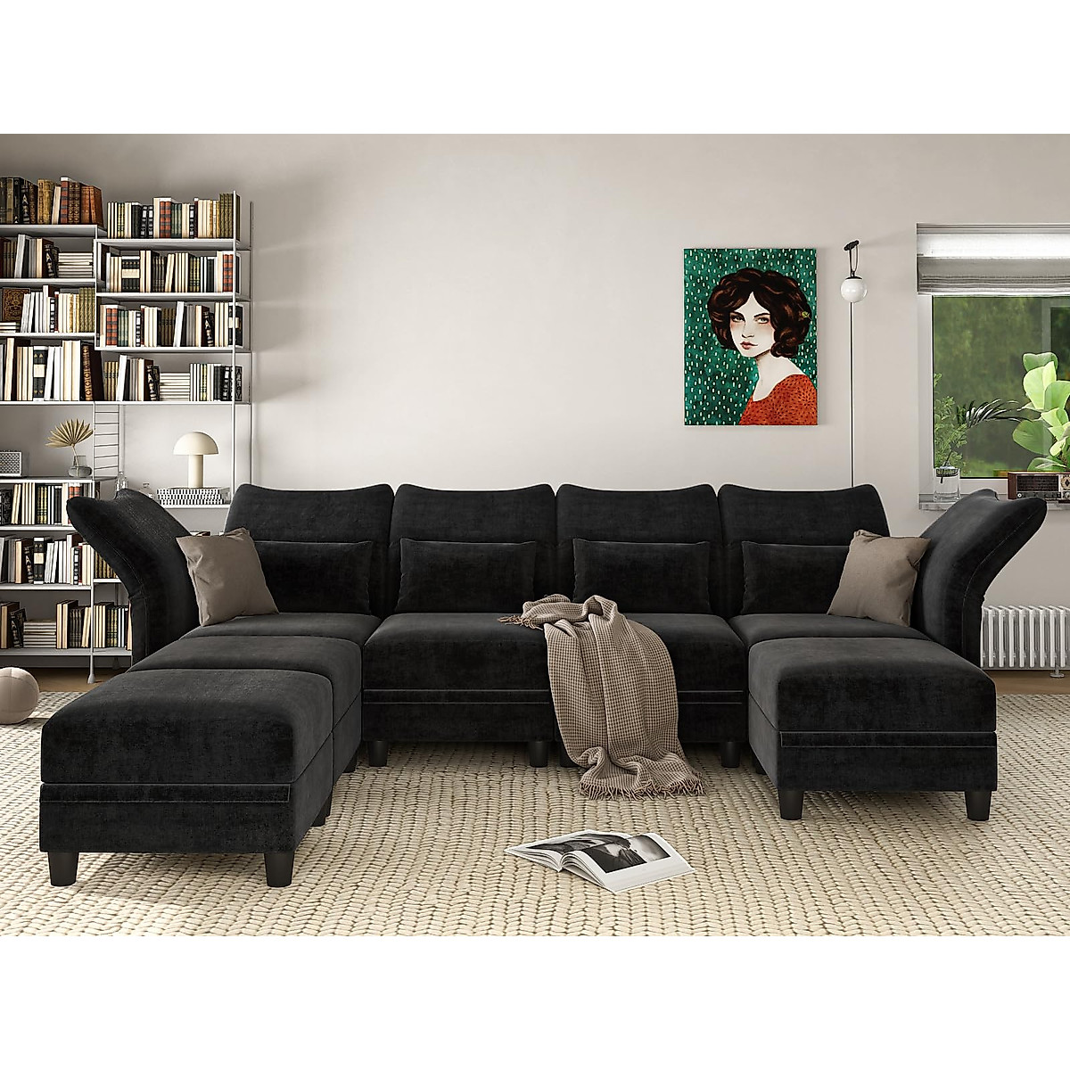 LLappuil Black Sectional Couch U Shaped 7 Seats, Chenille Sectionals Sofa Large Modular Sectional Sofa for Living Room with Reversible Chaise, Storage Seat, Deep Cushion