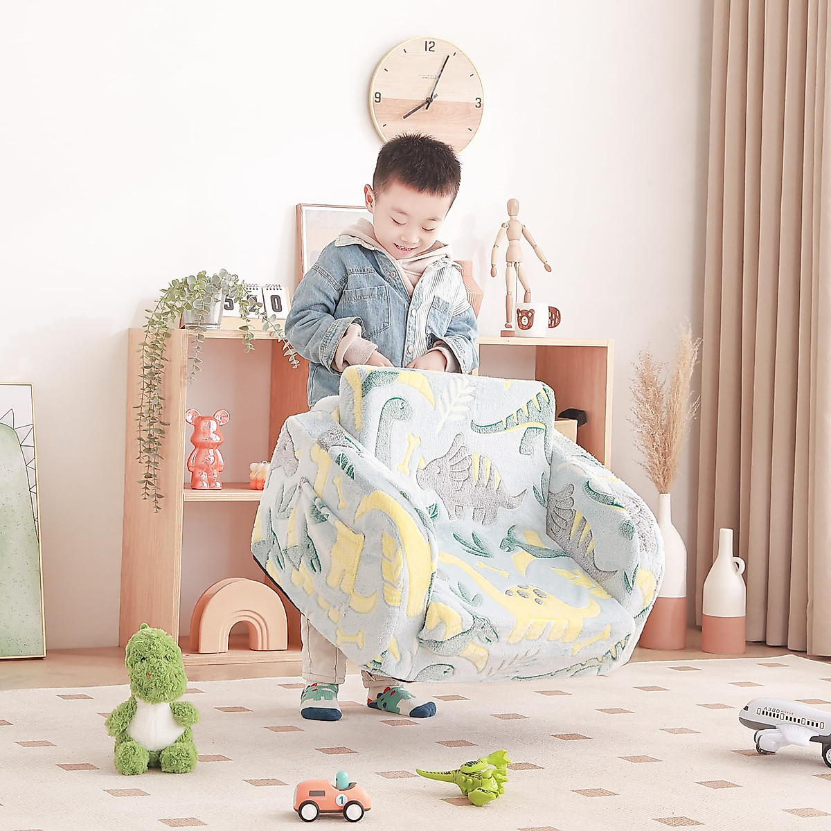 Furlide Toddler Chair, 2-in-1 Kids Sofa Chair, Glow in The Dark Baby Sofa, Comfy Toddler Couch, Kids Flip Out Sofa, Washable Kids Lounge Chair for Girl or Boy (Green Dinosaur)