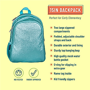 Wildkin 15-Inch Kids Backpack for Boys & Girls, Perfect for Early Elementary, Backpack for Kids Features Padded Back & Adjustable Strap, Ideal for School & Travel Backpacks (Blue Glitter)