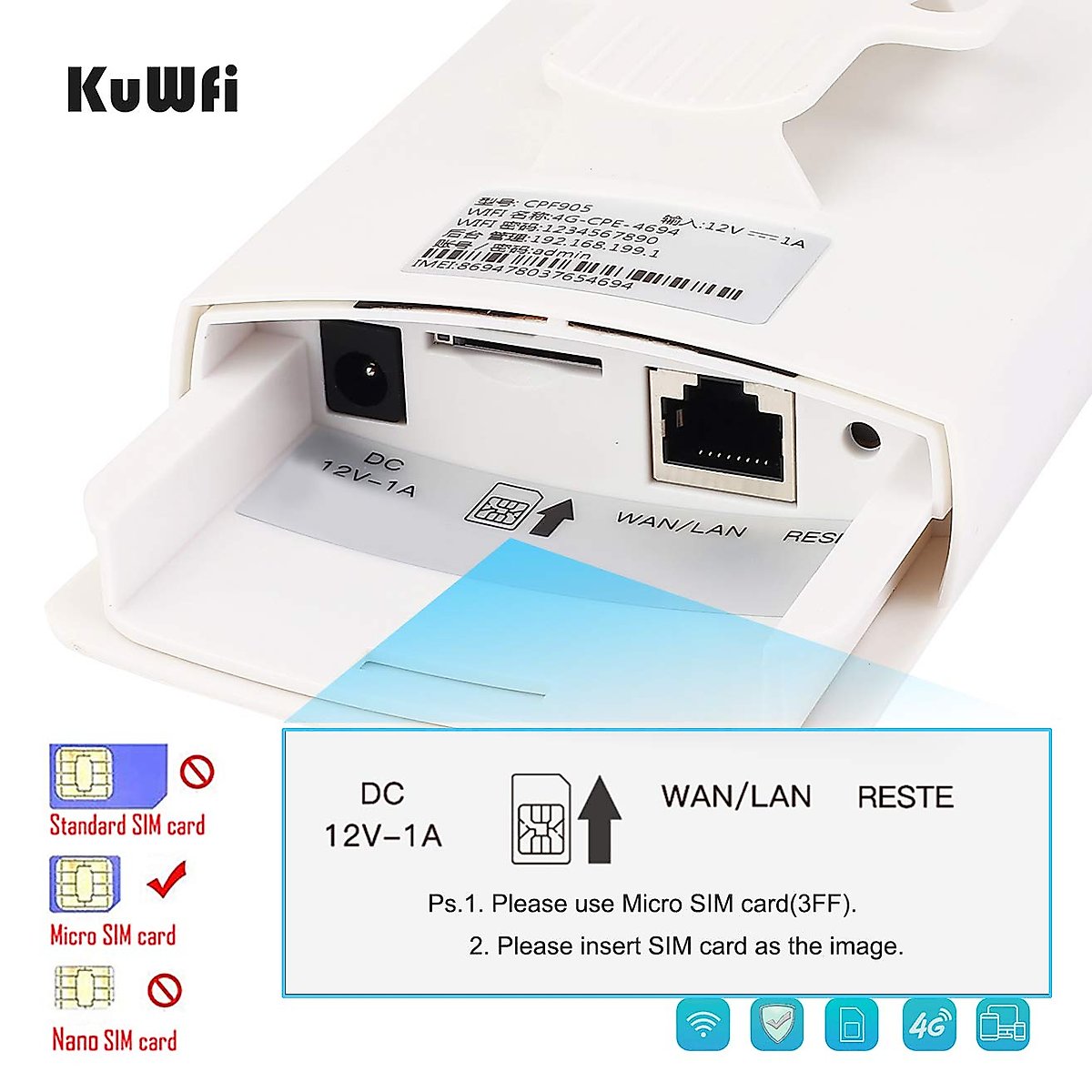 KuWFi Waterproof Outdoor 4G LTE CPE SIM Card WiFi Router 150Mbps CAT4 SIM LTE Routers Work with IP Camera or Outside WiFi Coverage with 2pcs Antenna Only Work with SIM Card Mode Not for USA