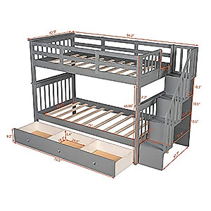 MERITLINE Twin Bunk Bed with Storage Drawer, Wood Twin Over Twin Bunk Beds with Stairs, Low Bunk Beds Frame for Teens Boys Girl(Grey)