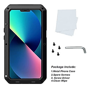 LUSTAM Heavy Duty Rugged Full Body Shockproof Dustproof Military Aluminum Silicone Bumper Protective Hard Case with Built in Screen Protector, Port Protector for iPhone 13 Mini 5.4 inch, Black
