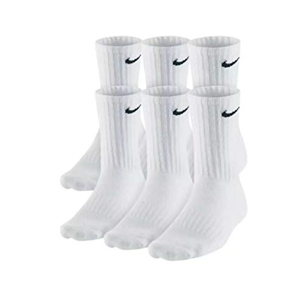 NIKE Dri-Fit Training Cotton Cushioned Crew Socks 6 PAIR White with Black Signature Swoosh Logo) LARGE 8-12