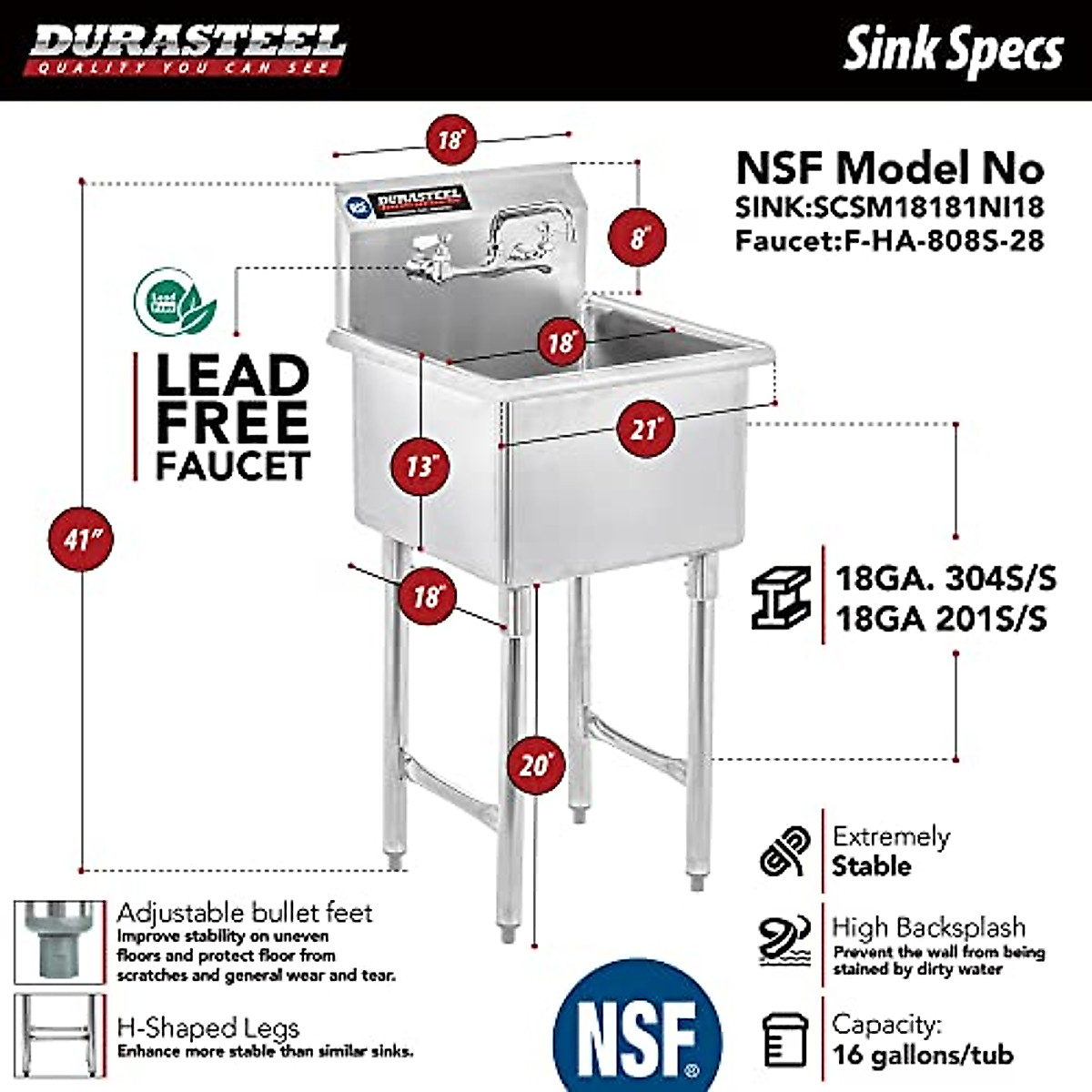DuraSteel Small Commercial Slop Sink - 18" x 18" Inner Prep Sink - Single Bowl Stainless Steel Utility Sink with No Lead Faucet - CEC & NSF Certified - For Restaurant, Kitchen, Laundry, Garage