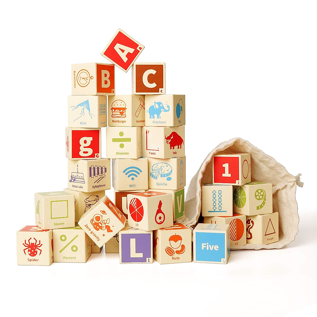 KIPPTO Wooden Alphabet and Numbers Blocks for Toddlers – 36 Large Bright-Colored Pieces. Includes Free AR APP for Interactive Play. Educational Toy for Preschool Kids. Kids Safe Non-Toxic Material