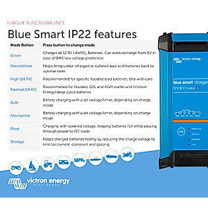 Victron Energy Blue Smart IP22 12-Volt 30 amp 120VAC, Single Output Battery Charger NEMA 5-15, Bluetooth