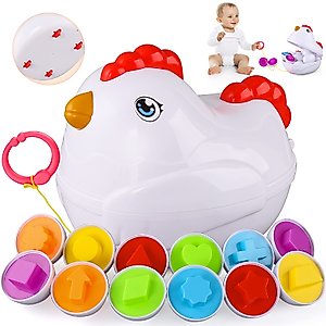 Toddlers Easter Matching Eggs, 12 PCS Shape Color Sorting Eggs with Push & Pull Hen Box, Easter Chicken Stuffers Eggs for Babies 6-18 months, First Easter Gift for Toddlers 1-3 2-4 3-5