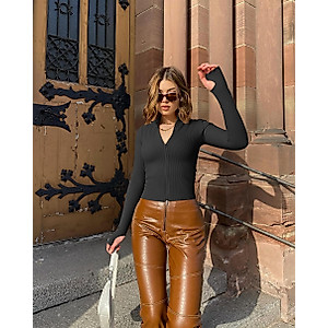 OQQ Womens 2 Piece Long Sleeve Tops Stand Neck Front Zipped Stretch Fitted Underscrubs Tee Shirts Tops Black Beige