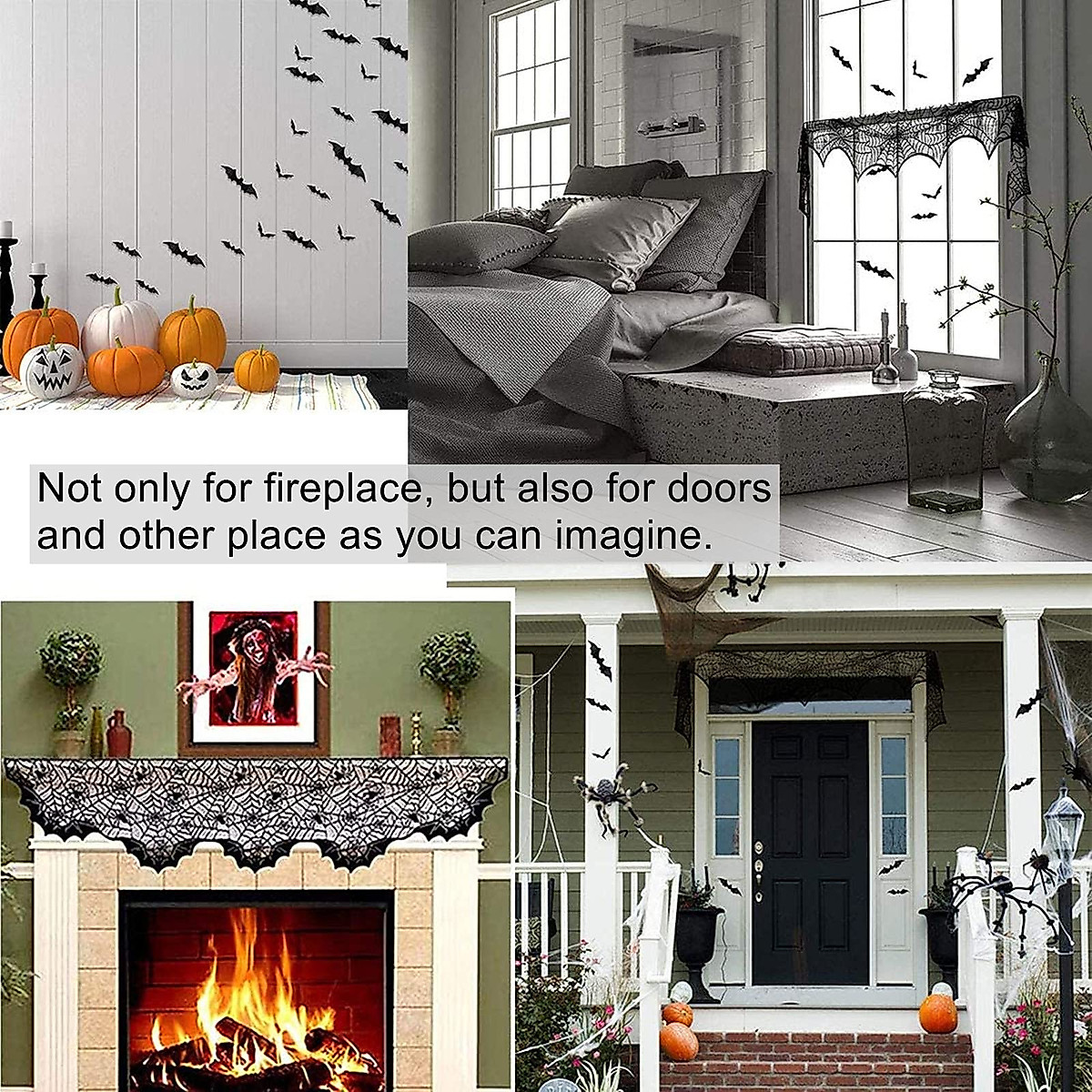 CACCO Halloween Fireplace Mantle Decorations,Black Lace Spiderweb Fireplace Mantle Scarf Cover Garland Festive Party Supplies 45 X 248cm 18 x 98 inch (Black)