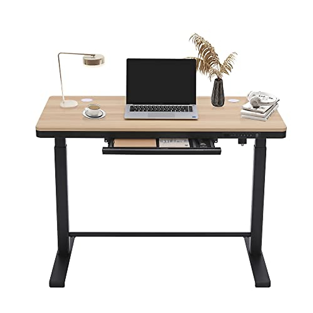 FARRAY Electric Standing Desk with Drawer, 45 x 24 Inch Adjustable Height Desk with Power Strip & USB Ports, One-Piece Top Stand Up Desk, Modern Sit Stand Desk (Oak Top + Black Frame)
