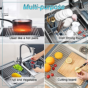 Expandable roll-up dish dryer rack, up to 22.8 inches, with 2 storage baskets, in sink kitchen roll-up dish drainer dish dryer rack in sink, foldable, rollable, for kitchen utensils, cups,forks