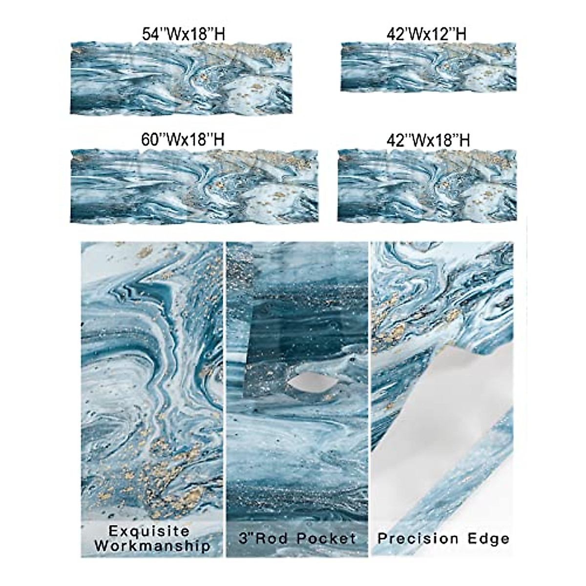 DoremiHome Marble Liquid Abstract Art Window Valance Rod Pocket Curtain Valance for Kitchen/Living Room,Blue White Gold Gradient Short Curtain Panels Window Treatment Decor Curtains 54x18in